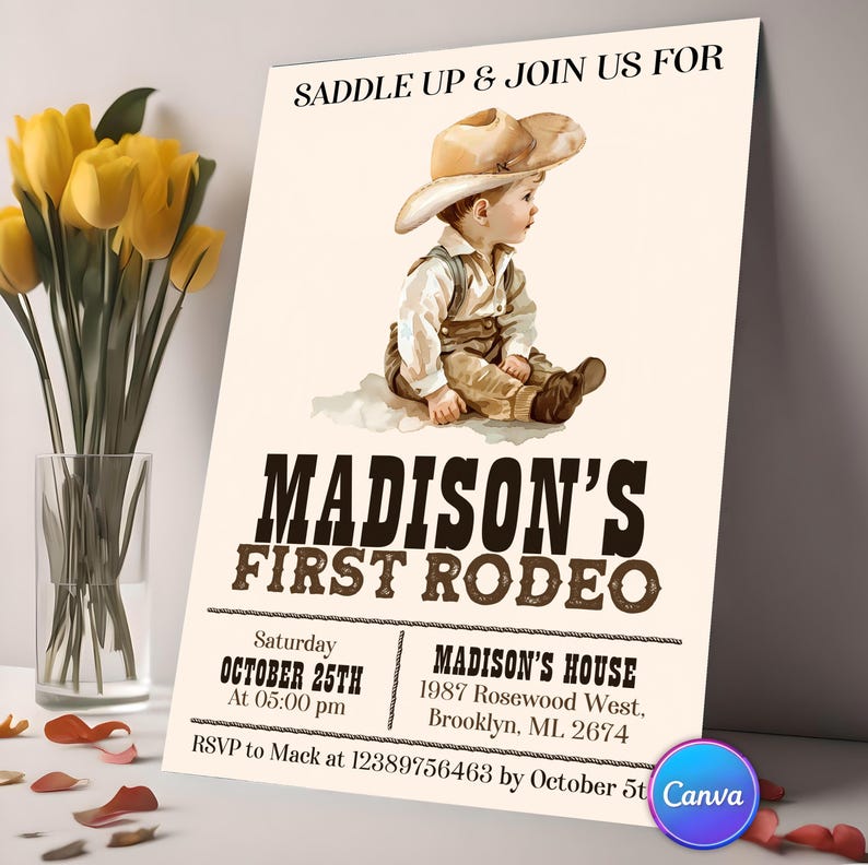 First Rodeo Invitation Template, Wild West Birthday Invite, Cowboy ...