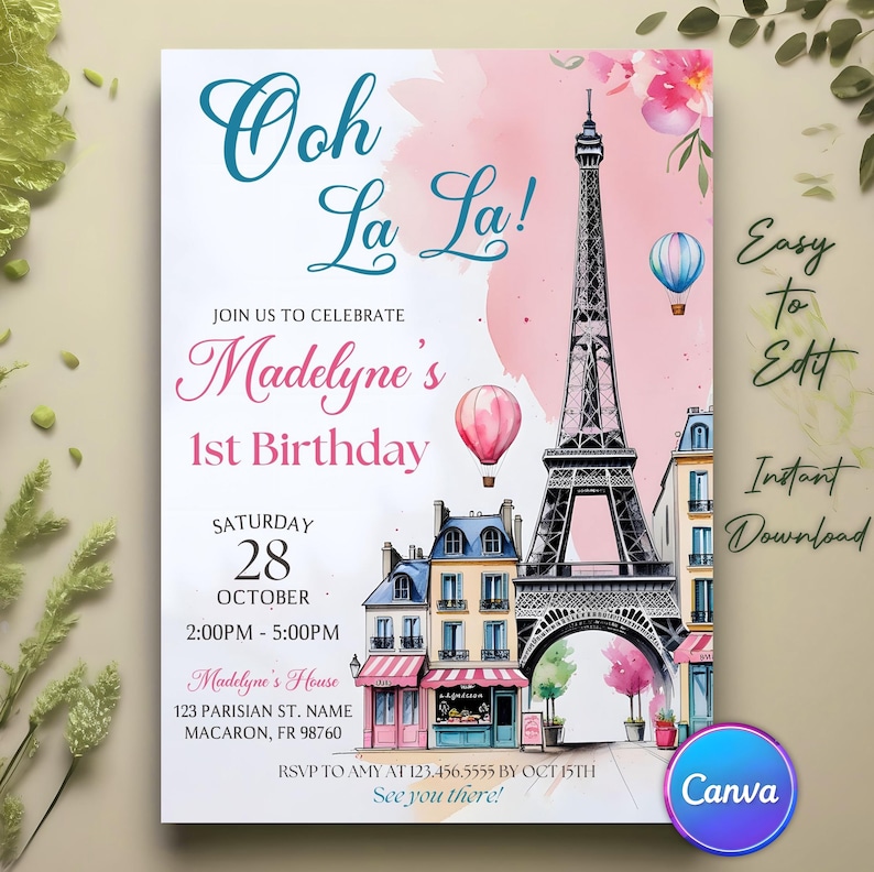 Eiffel Tower Paris Birthday Invitation, French Patisserie Parisian Cafe ...