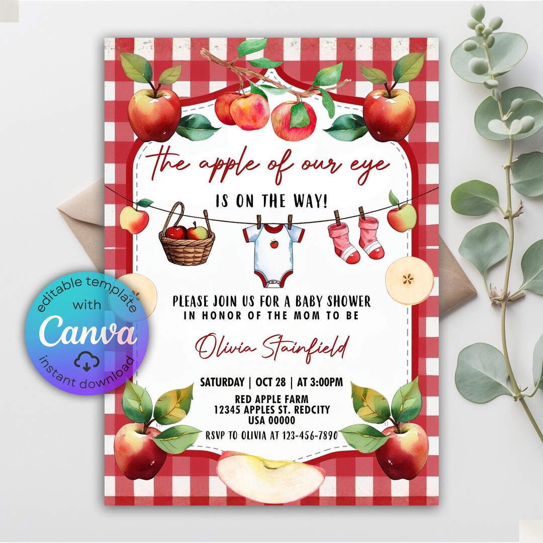 Apple Baby Shower Invitation, Clothesline Theme (canva Editable ...
