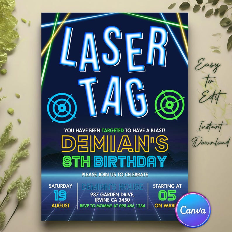 Laser Tag Birthday Party Invitation, Laser Tag Invitation, Neon Glow ...
