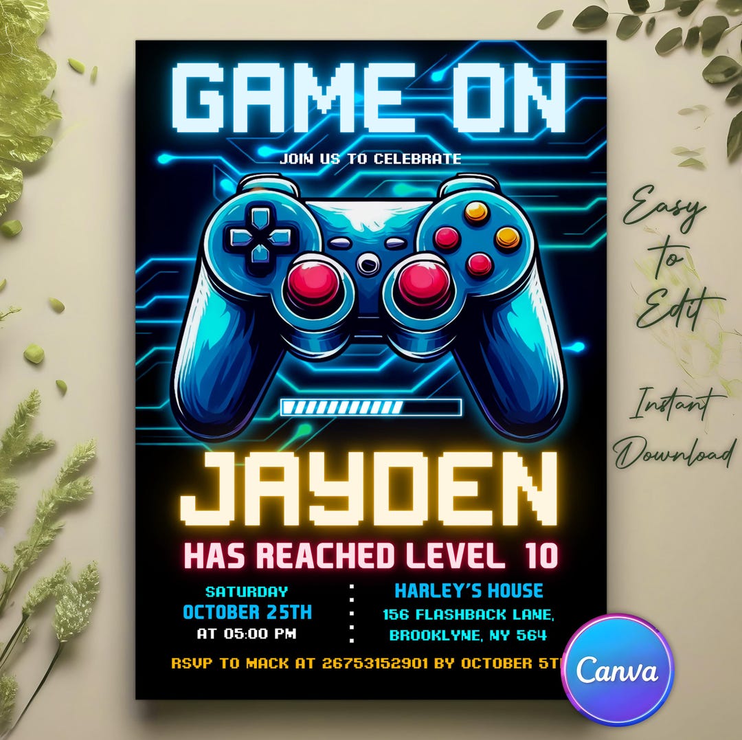 Video Game Birthday Invitation, Gamer Party Invitations, Neon Game ...