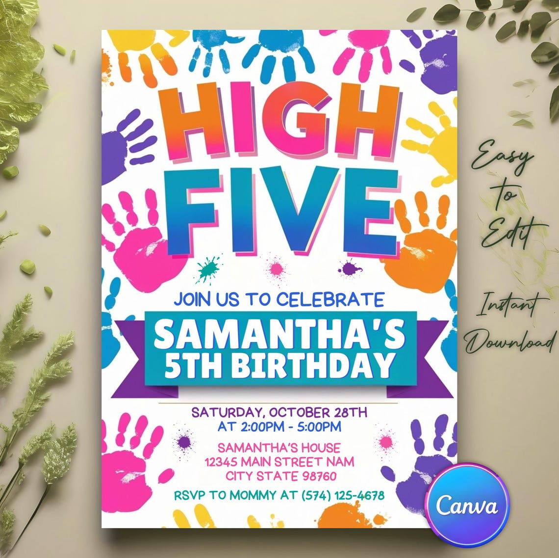 Colorful High Five 5th Birthday Invitation, Paint Handprints (canva ...