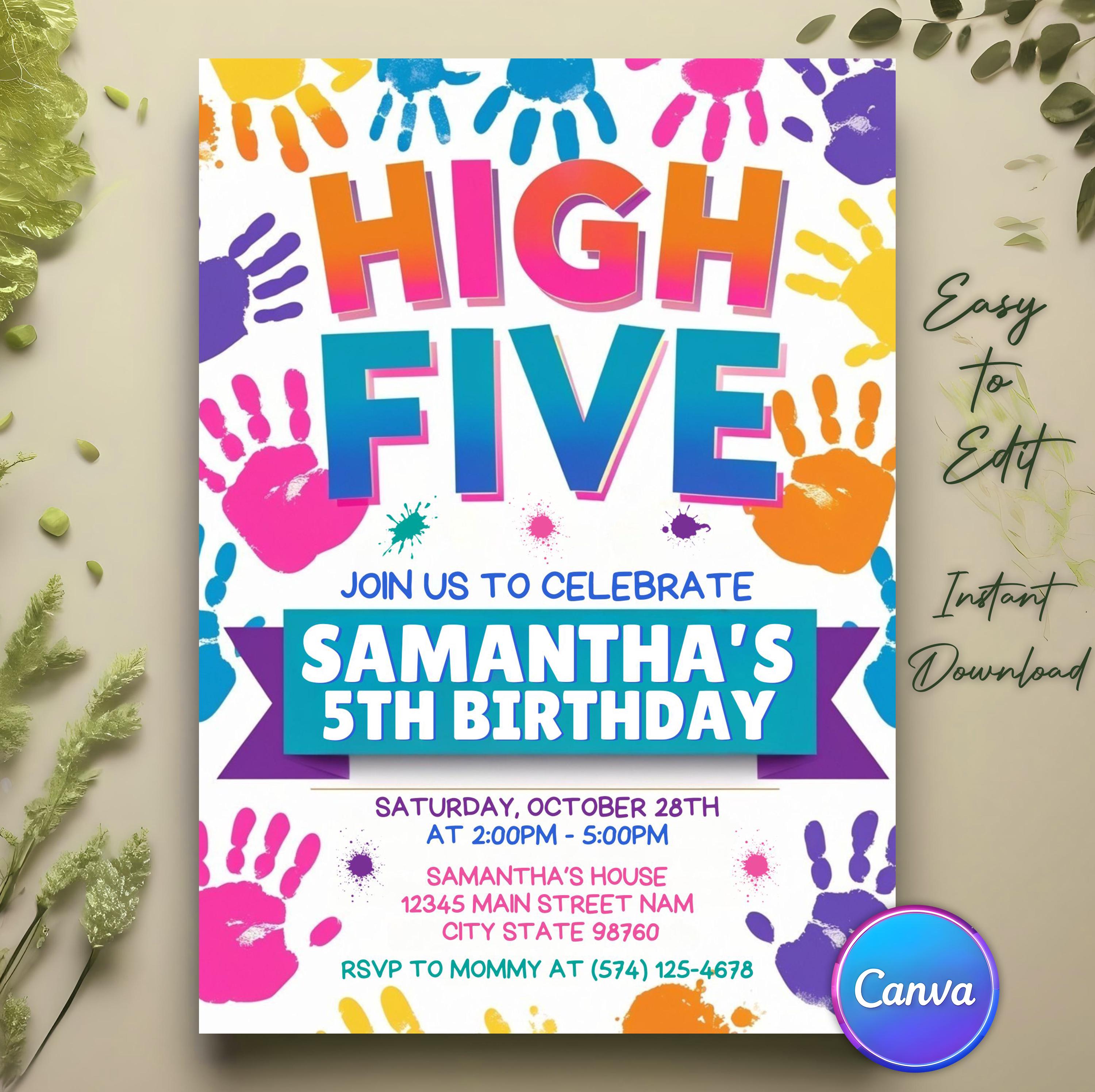 Colorful High Five 5th Birthday Invitation, Paint Handprints (canva ...