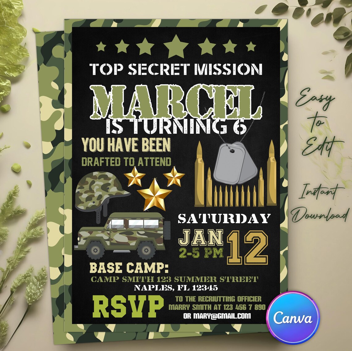 Editable Army Birthday Invitation, Military Party Invitations, Soldier ...