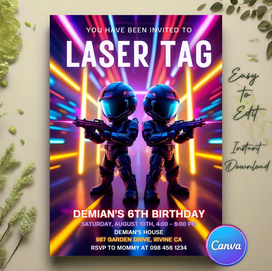 Editable Laser Tag Birthday Invitation, Neon Red Glow Laser Tag, Laser ...