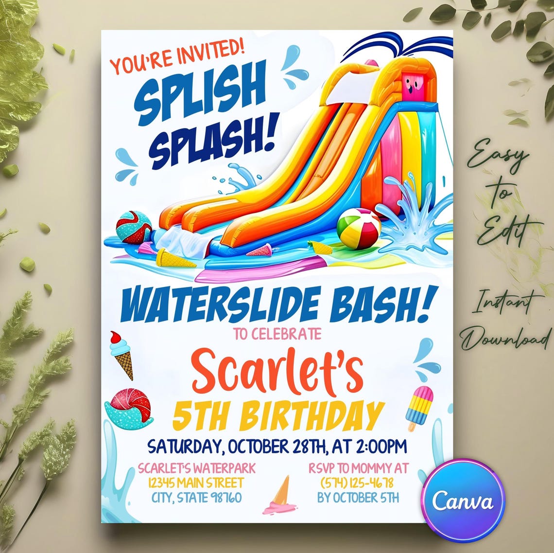 Waterslide Birthday Invitation, Water Slide Invitation, Splash Pad ...
