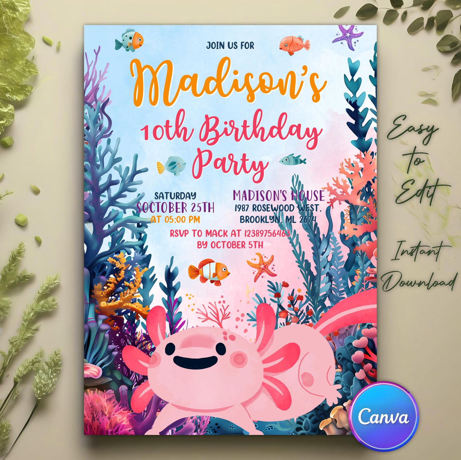 Editable Axolotl Birthday Invitation, Axolotl Party Invite, Cute ...