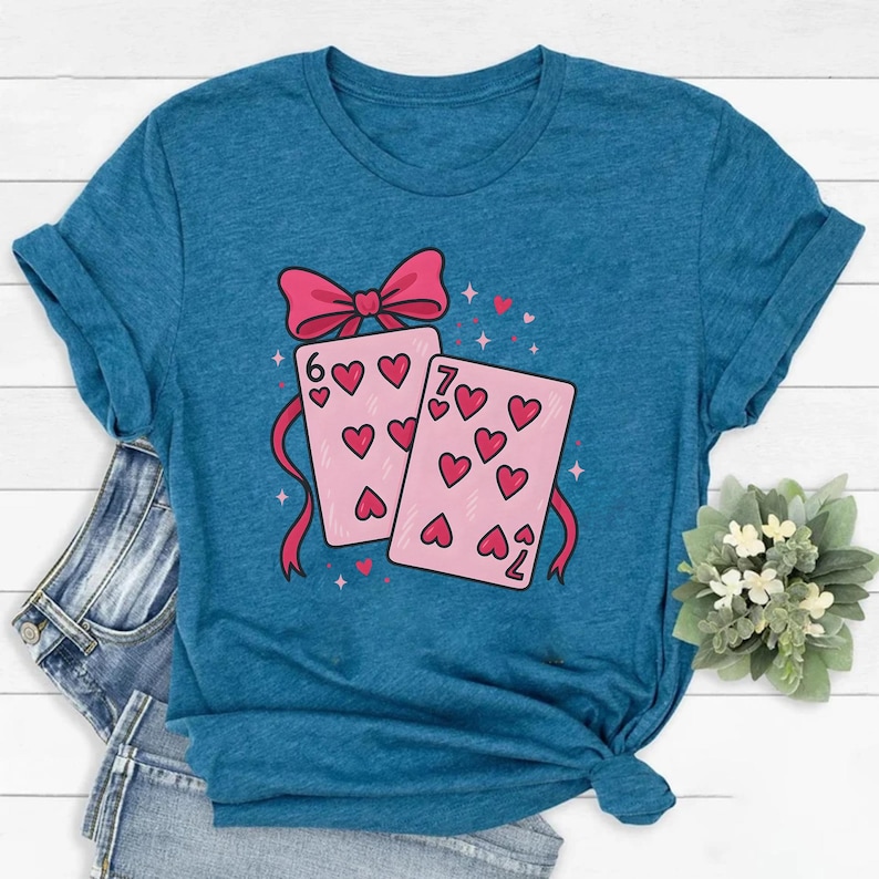 Coquette 6 7 Shirt, Pink Ribbon Hearts on Blue - Etsy