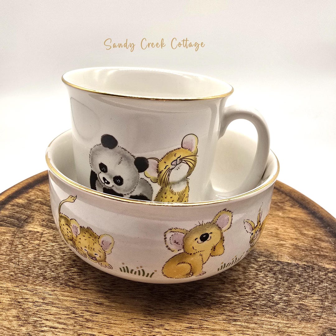 Baby Animal Ceramic Bowl and Mug Set for Children, White Dish Set for ...