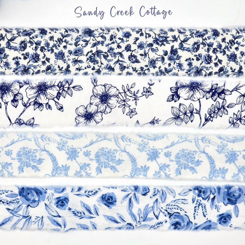 Vintage Print Blue Floral Fabric Ribbons – Hand-torn With Frayed Edges ...