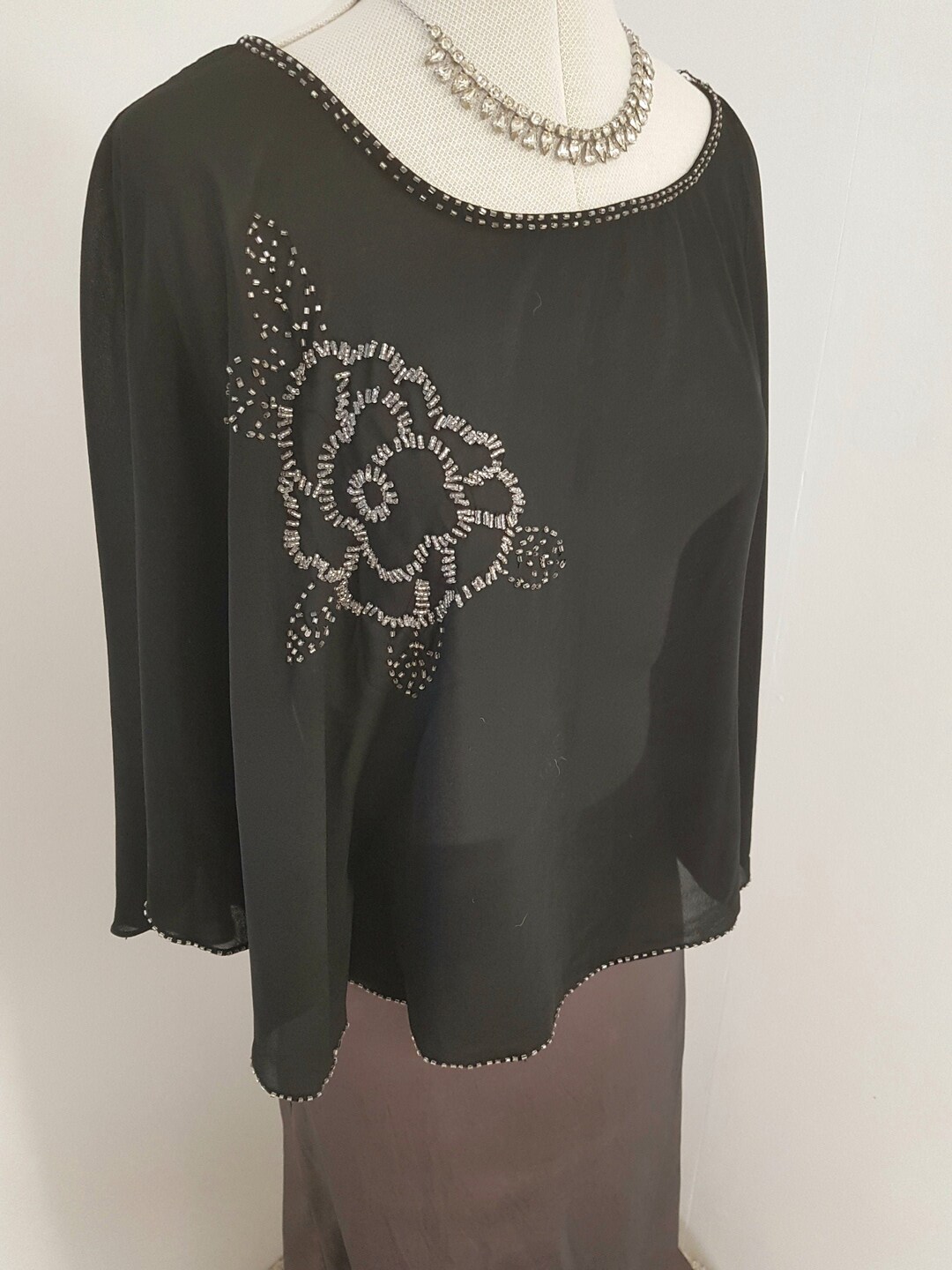 Beaded Black Top, STUNNING Beadwork, Big Sleeves, Pullover Top, Silver ...