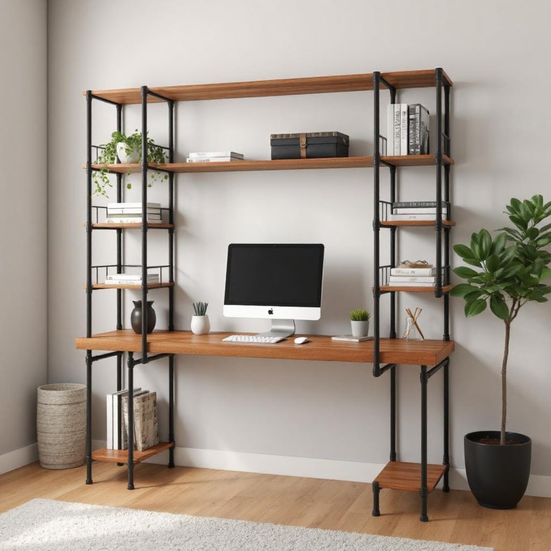 Industrial Pipe Computer Desk With Solid Wood Shelves - Etsy