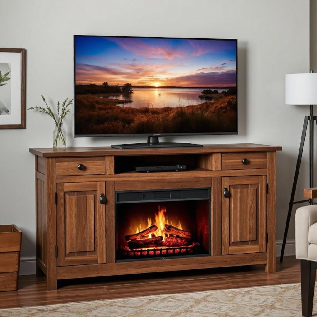 Rustic Barnwood Fireplace TV Stand: Solid Oak Media Console With ...