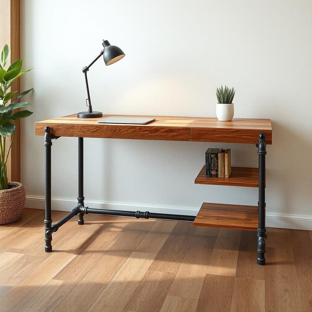 Industrial Pipe Bar Table, Rustic Wood Restaurant Counter With Shelves ...