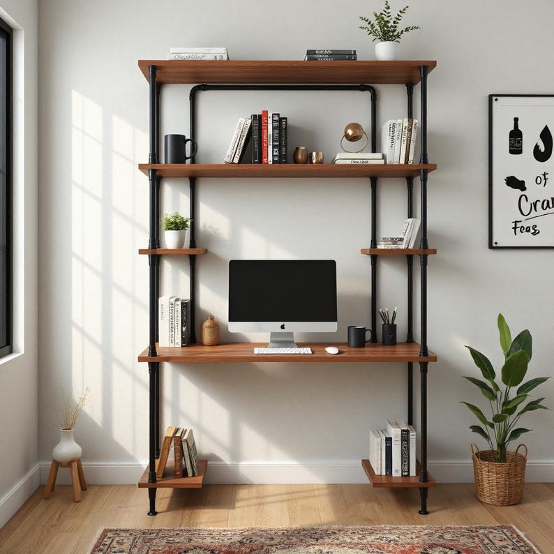 Industrial Pipe Computer Desk With Solid Wood Shelves - Etsy