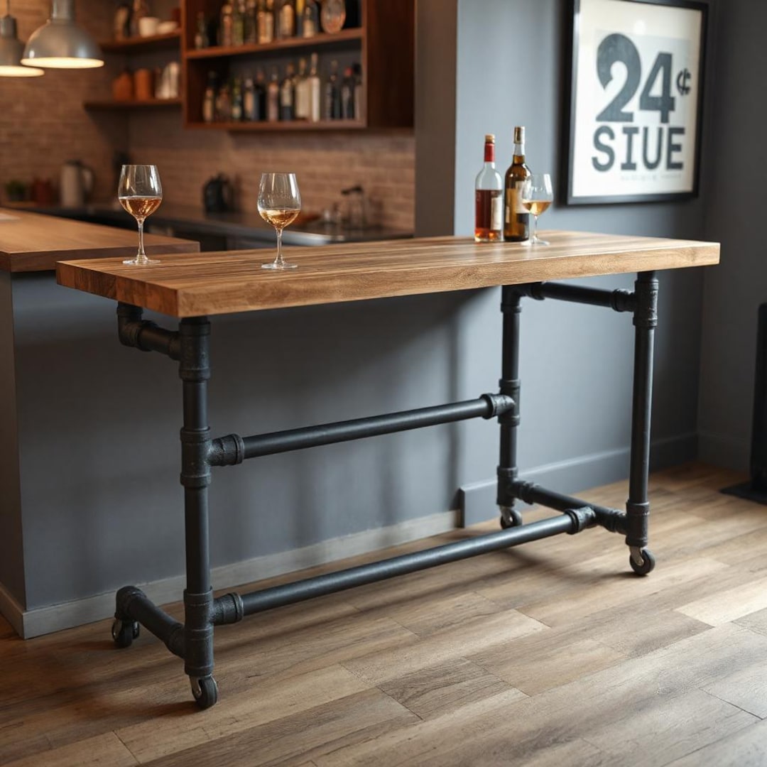 Mounted on 4 Caster Wheels Industrial Style Pipe and Wood Counter ...