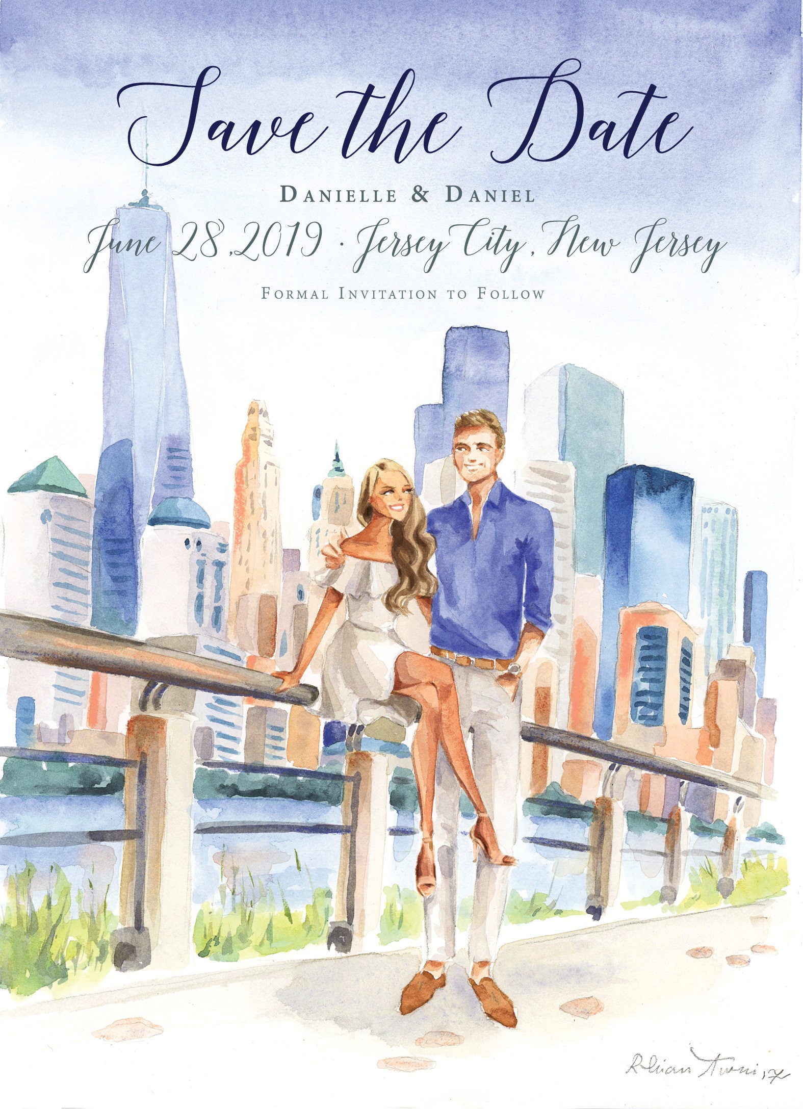 Watercolor Save the Date Watercolor Couple Portrait, Wedding Invitation ...