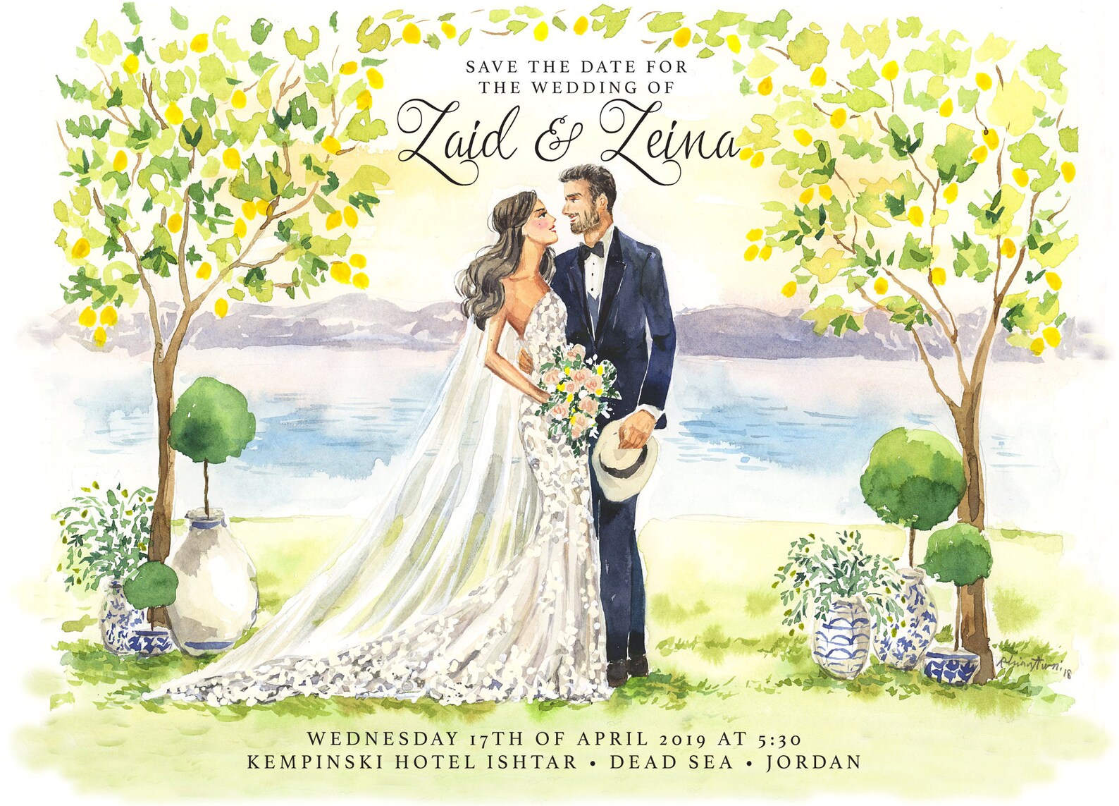 Save the Date Card Design and Illustration Watercolor Painting Bride ...