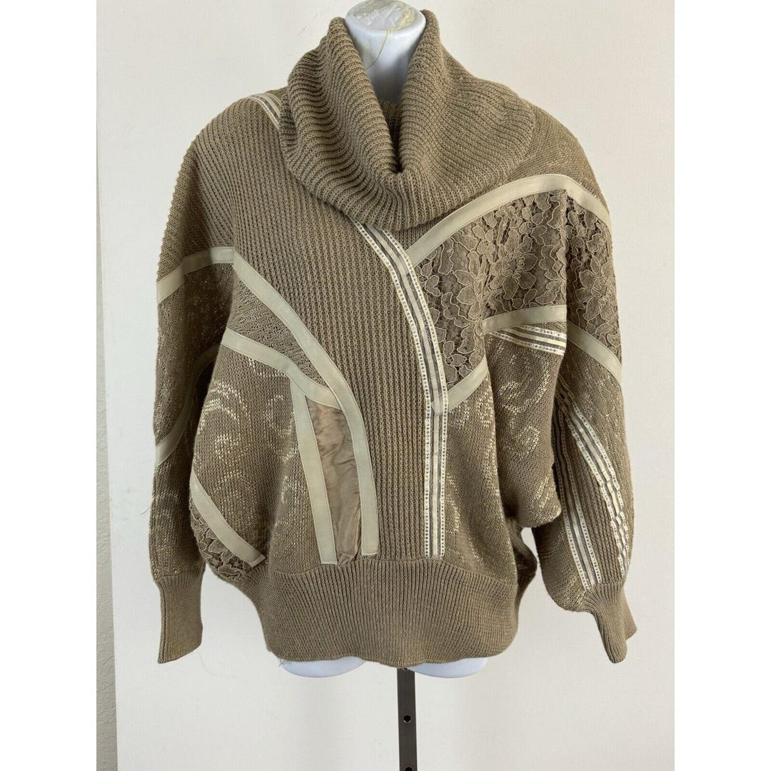BONNIE BOERER Vintage Beige Ramie Blend Mixed Media Turtleneck Sweater ...