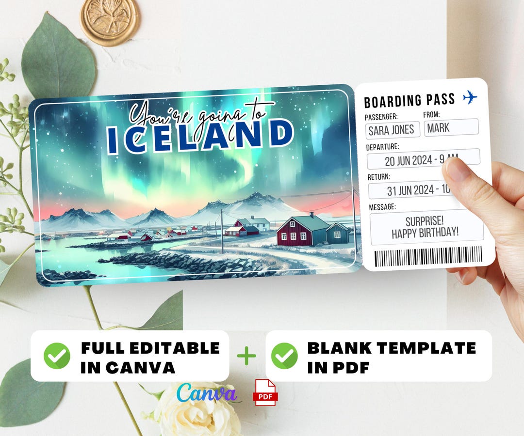 Editable Iceland Boarding Plane Ticket, Print Surprise Trip Voucher ...