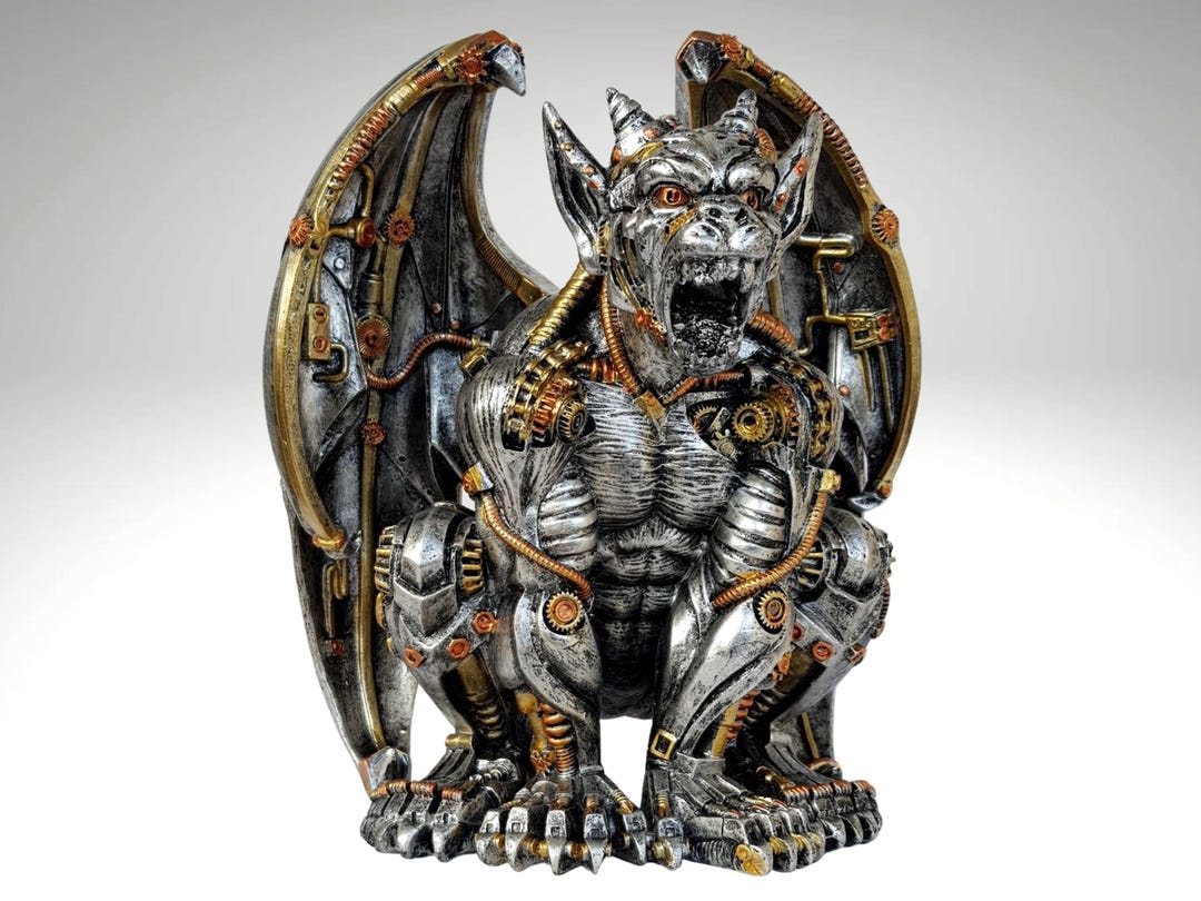 Hand-painted Steampunk Gargoyle Sculpture: Winged Robot Monster Decor - Etsy