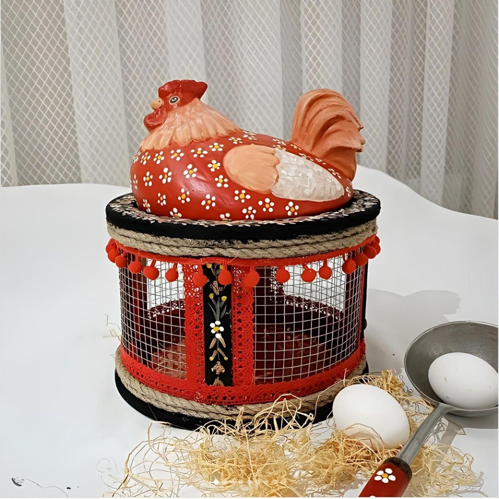 Chicken Egg Holder Cage, Farmhouse Egg Basket, Vintage Style Wooden Egg ...