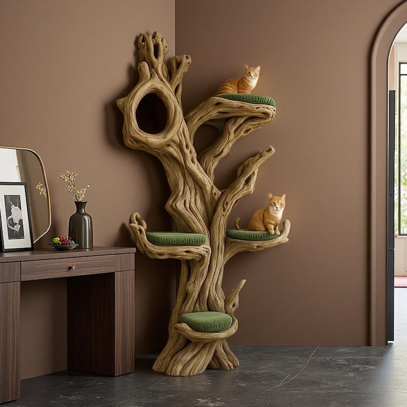 Luxury Driftwood Cat Tree Tower | Handmade Teak Wood Cat Furniture | Modern Cat Tower for Large ...