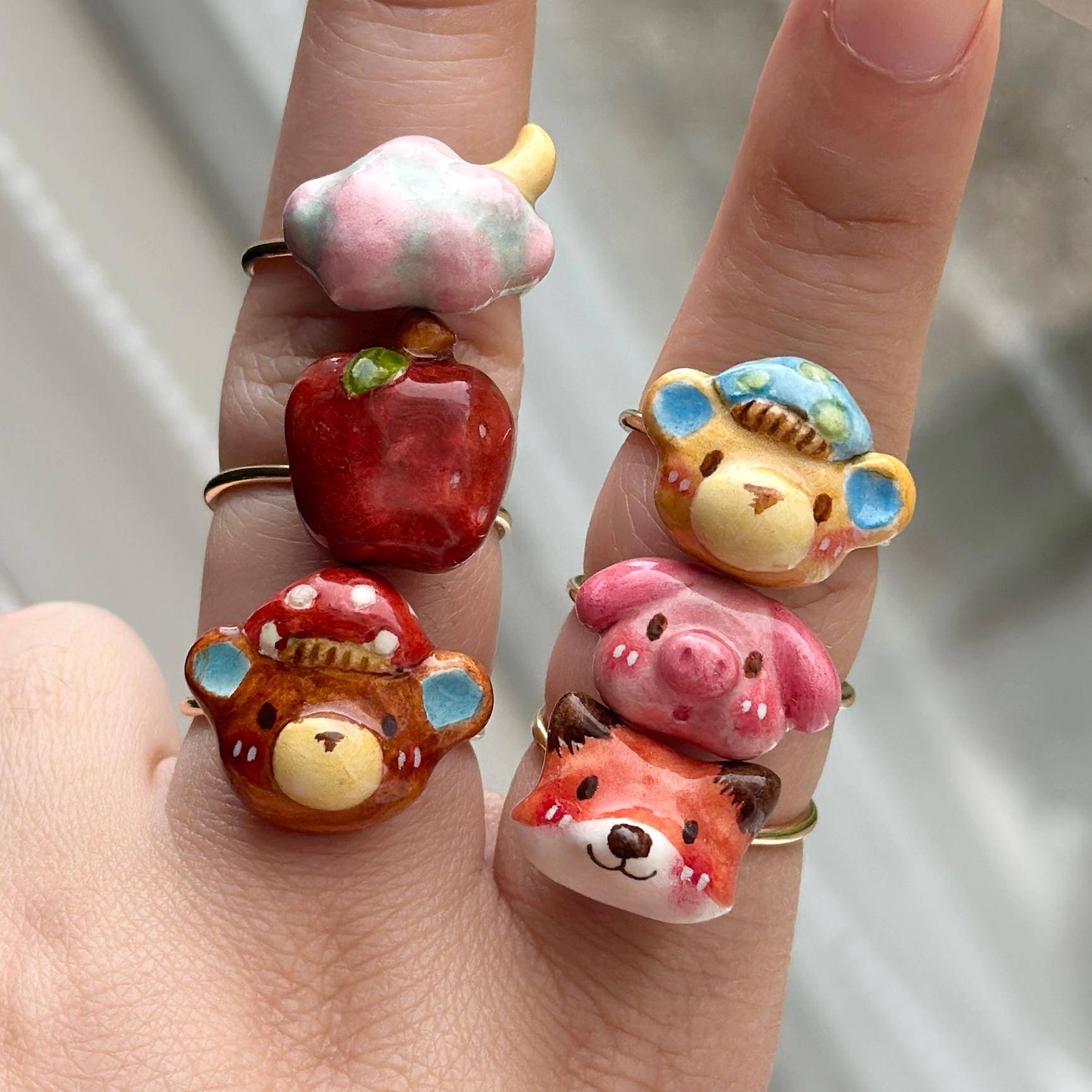 Kawaii Rings, Handmade Animal Rings, Adjustable, Cute Bear Fox Pig ...