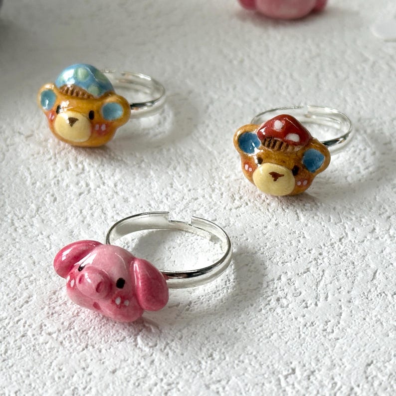 Kawaii Rings, Handmade Animal Rings, Adjustable, Cute Bear Fox Pig ...