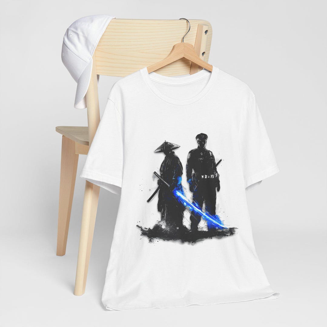 Samurai and Police Officer Standing Side by Side, United by a Blue ...