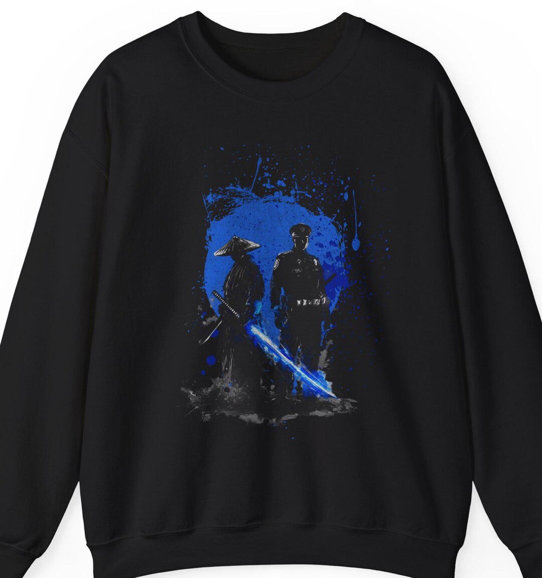 Samurai and Police Officer Standing Side by Side Front of Blue Sun ...