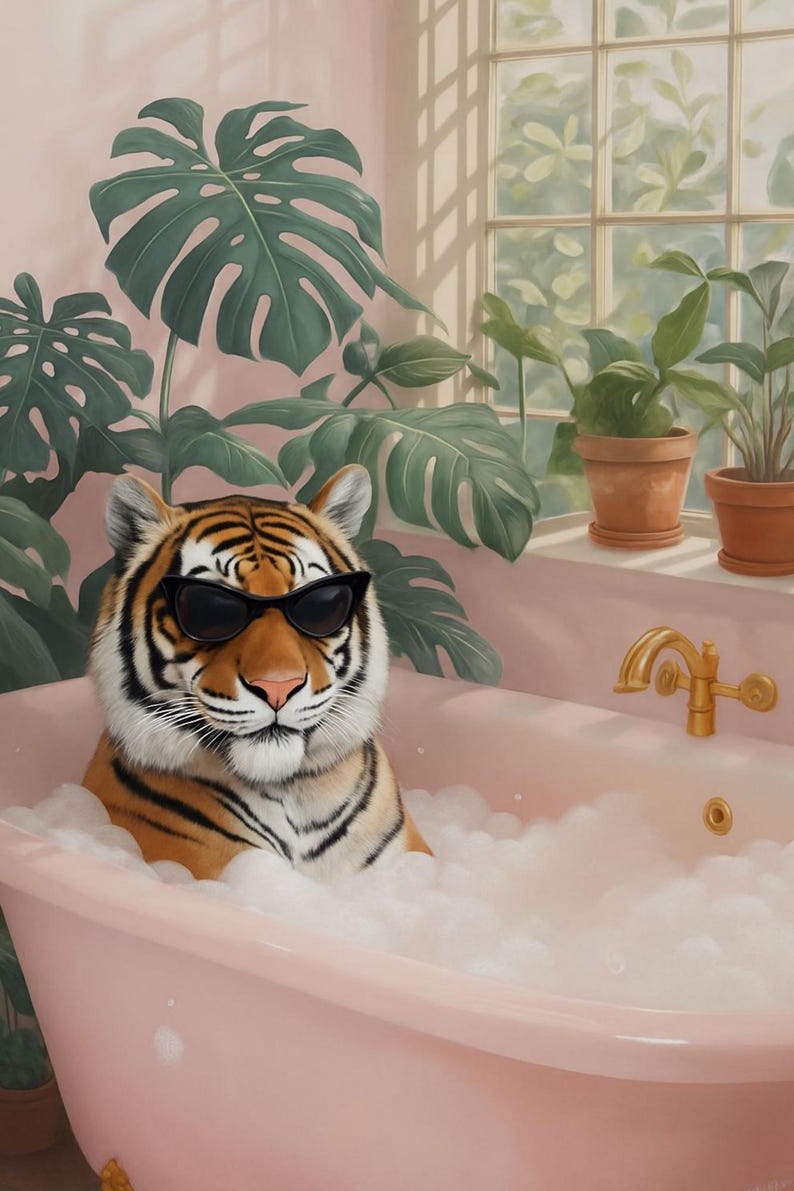 Tiger Wall Art – Cool Tiger in Pink Bathtub With Sunglasses, Whimsical ...