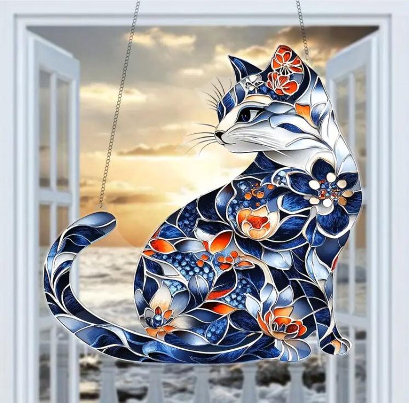 SUNCATCHER- Whimsical Blue and White Cat Acrylic Suncatcher - Etsy