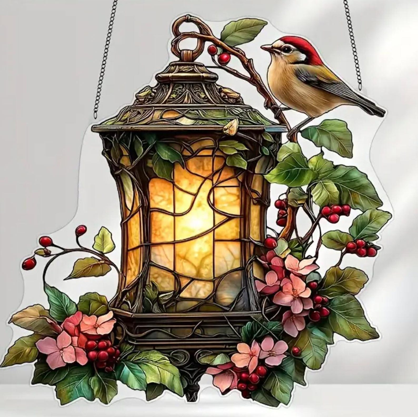 SUNCATCHER- Colorful Charming Robin & Lantern Light Catcher - Etsy