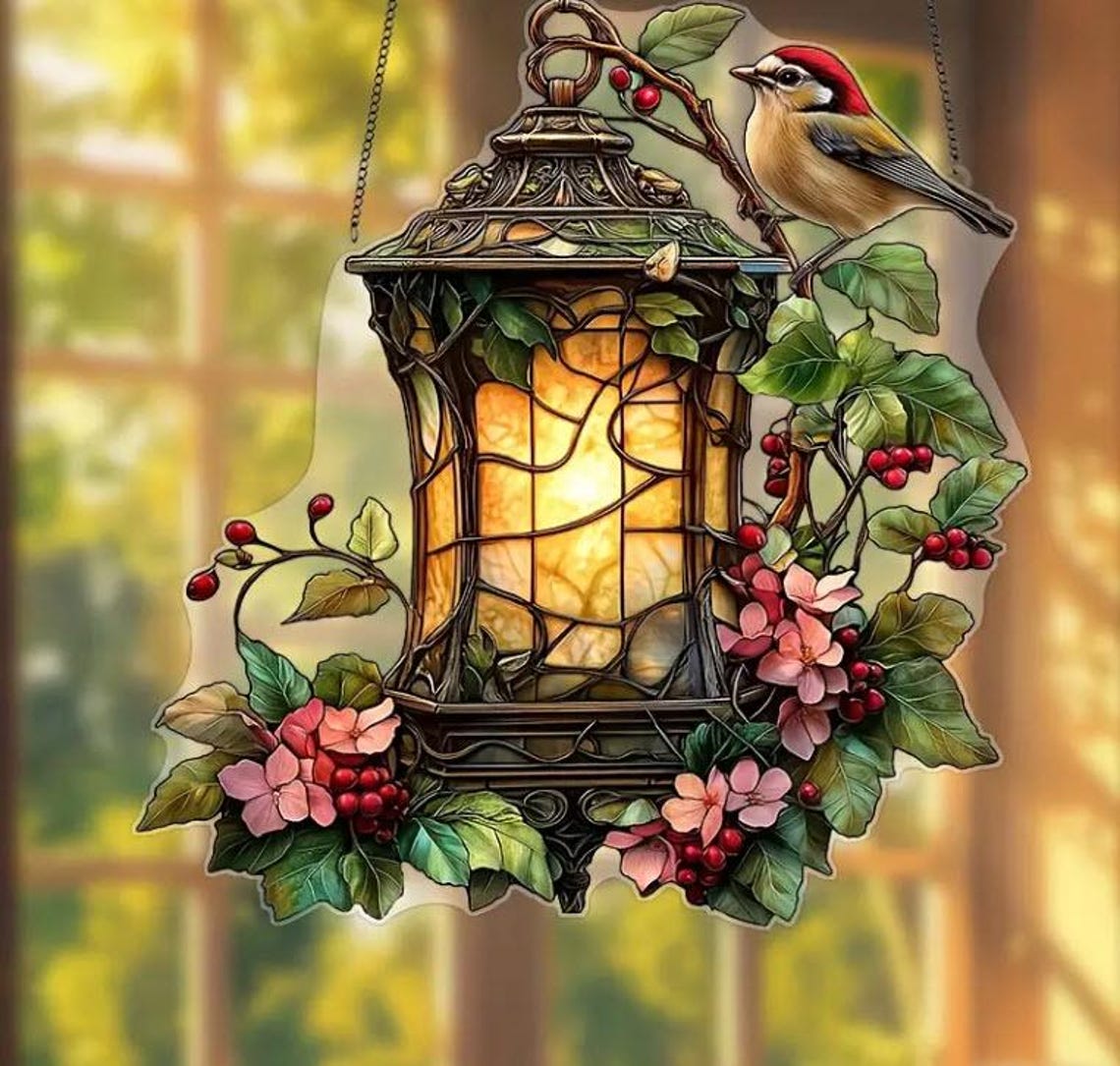 SUNCATCHER- Colorful Charming Robin & Lantern Light Catcher - Etsy