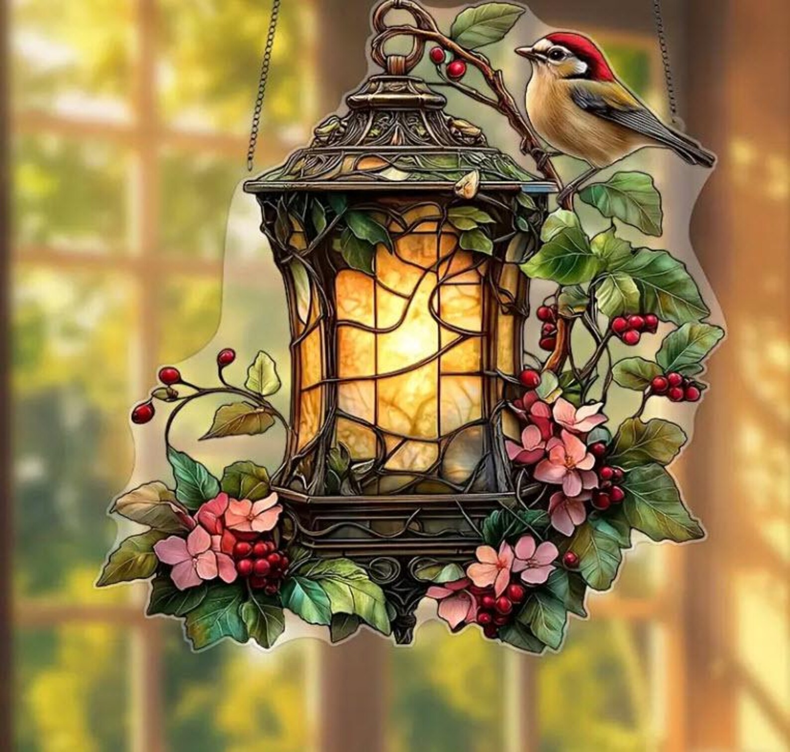 SUNCATCHER- Colorful Charming Robin & Lantern Light Catcher - Etsy