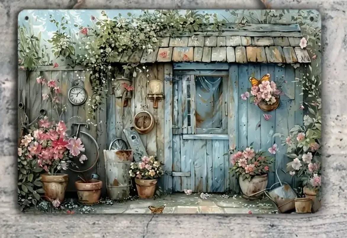 METAL ART- 2D Flat Retro Metal Wall Art With Whimsical Garden Shed ...