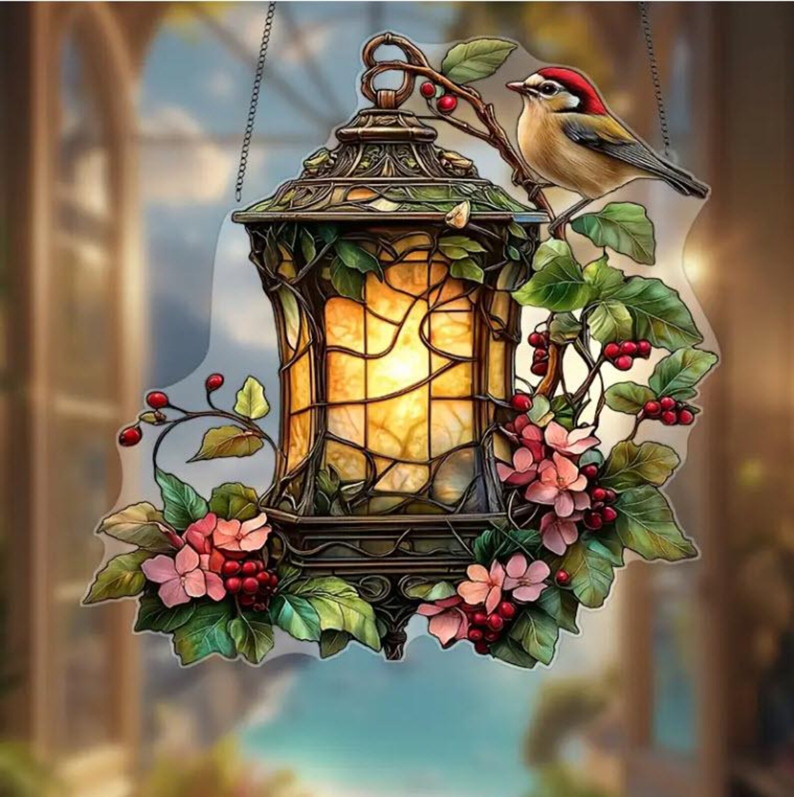 SUNCATCHER- Colorful Charming Robin & Lantern Light Catcher - Etsy