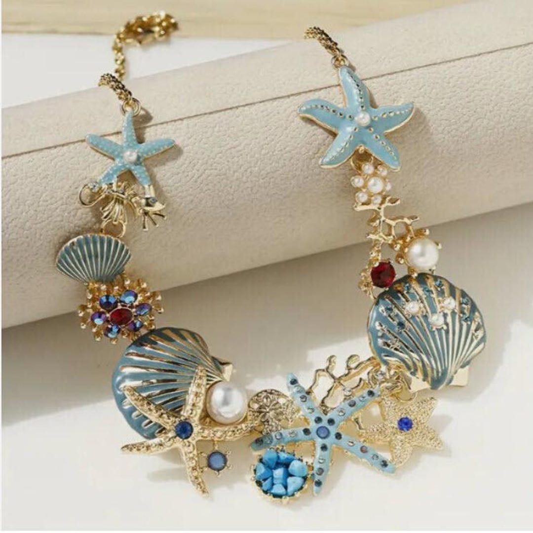 NECKLACE Ocean Style, Colorful Starfish & Seashells Necklace - Etsy