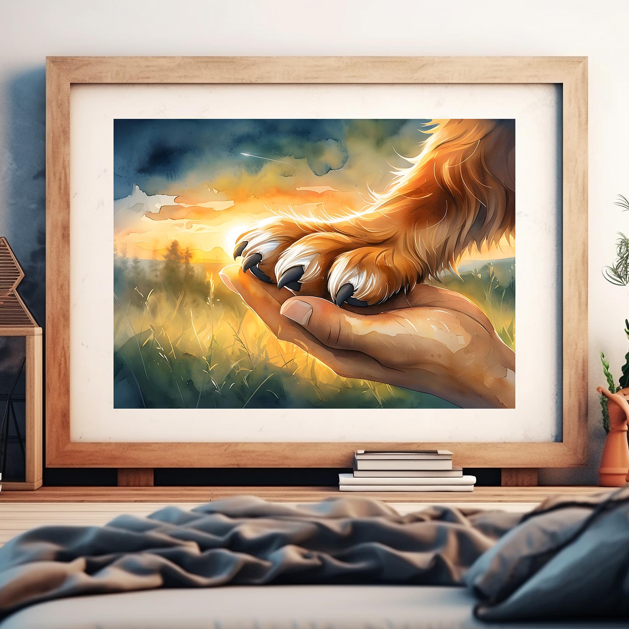 Watercolor Dog Paw Print Art Hand Holding Paw Sunset Landscape Pet Loss ...