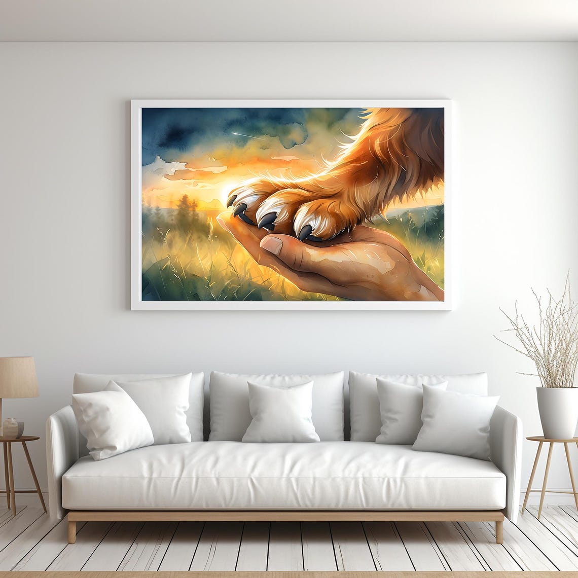 Watercolor Dog Paw Print Art Hand Holding Paw Sunset Landscape Pet Loss ...
