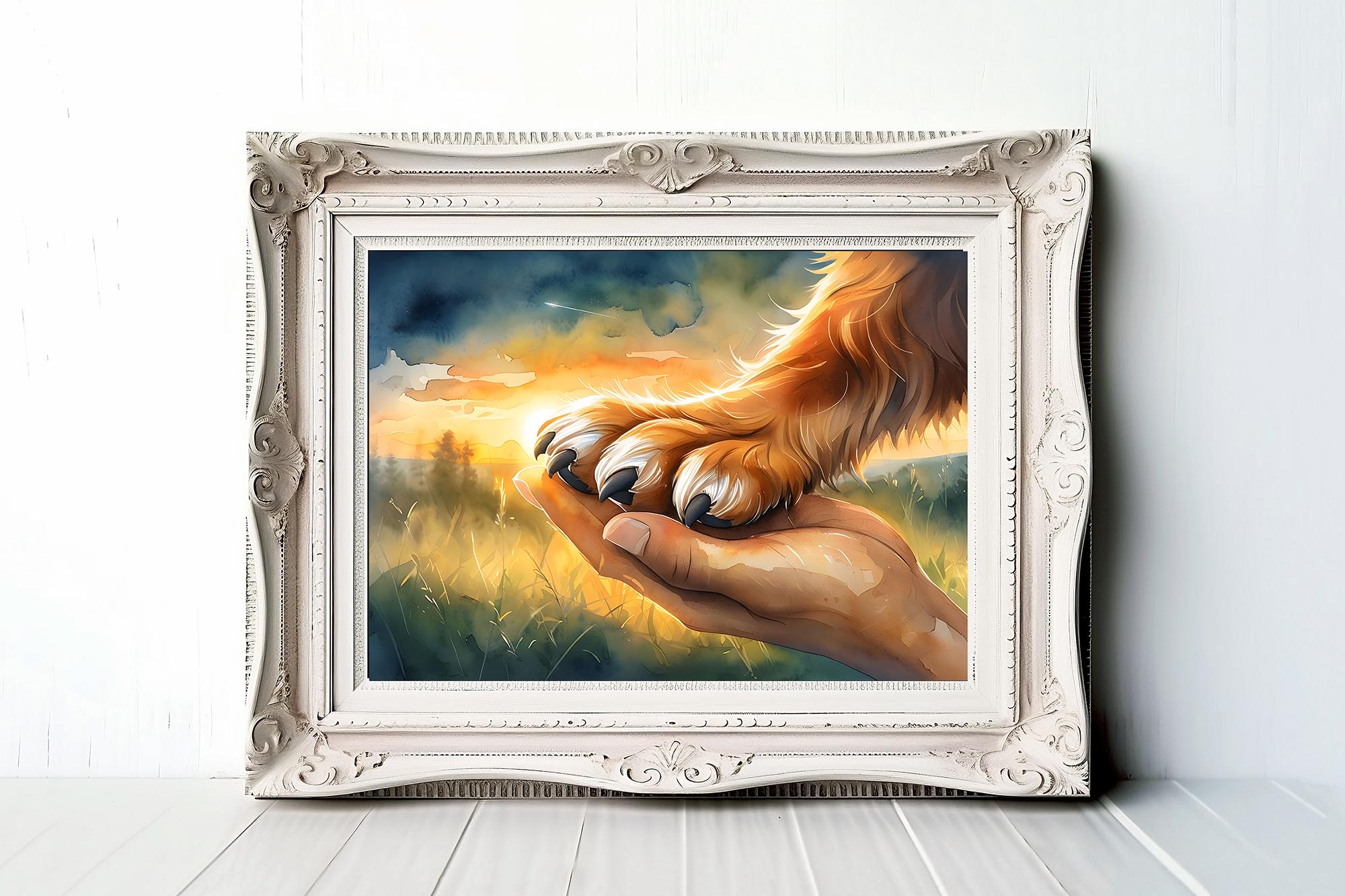 Watercolor Dog Paw Print Art Hand Holding Paw Sunset Landscape Pet Loss ...