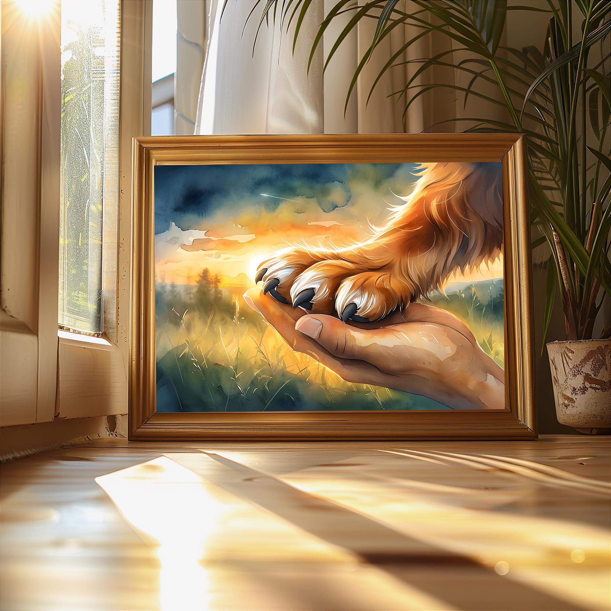 Watercolor Dog Paw Print Art Hand Holding Paw Sunset Landscape Pet Loss ...