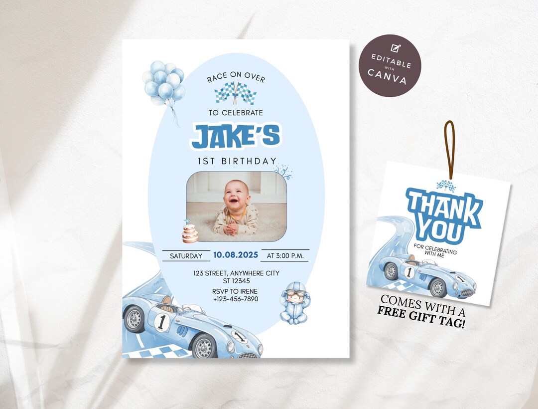 First Lap Around the Track Invitation Race Car 1st Birthday Invite for ...