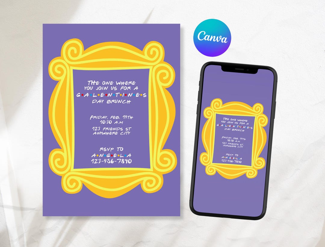 Yellow Frame Friends Themed Galentines Invite Editable Canva Template E ...