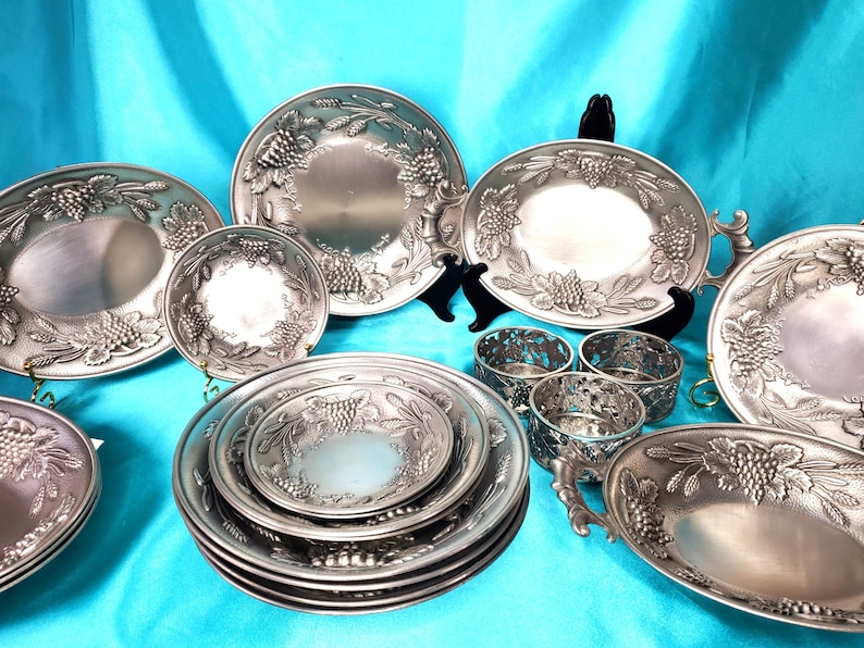 Vintage Pewter Dinnerware Set Grape Motif – Pewter Plates & Serving ...