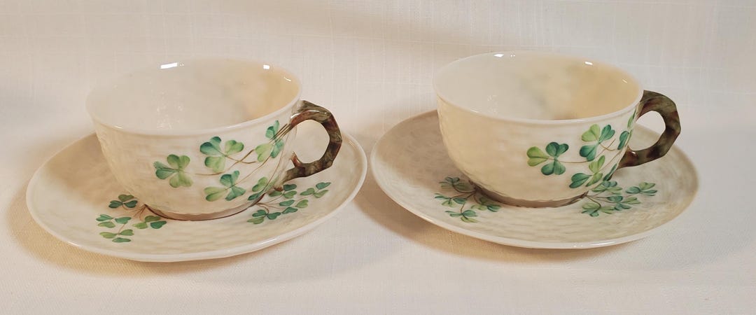 Vintage Belleek Shamrock Tea Cups & Saucers, 3rd Black Stamp 1926-1946 ...