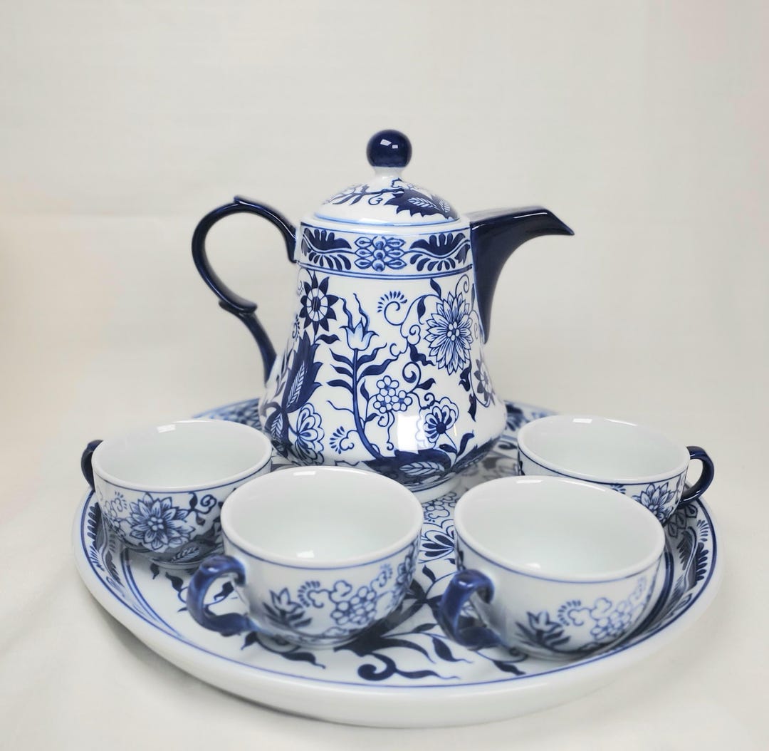 Vintage Bombay China Teapot Set With Ceramic Tray and 4 Small Cups Blue ...