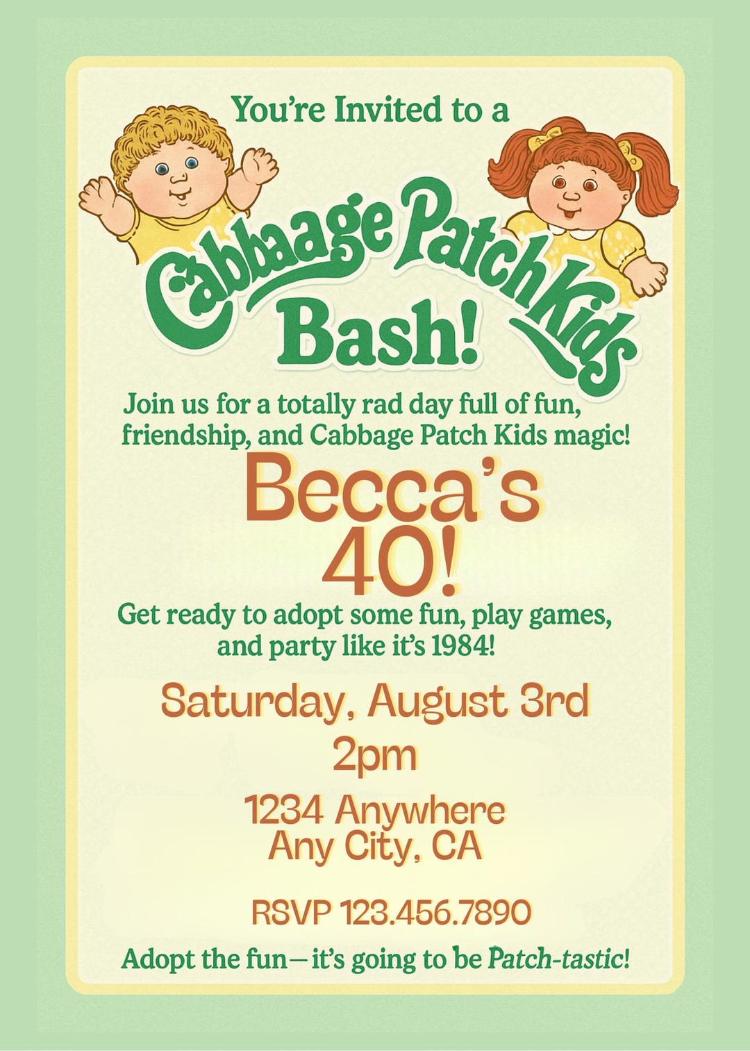 Editable Cabbage Patch Kids Birthday Invitation Template, Printable 80s ...