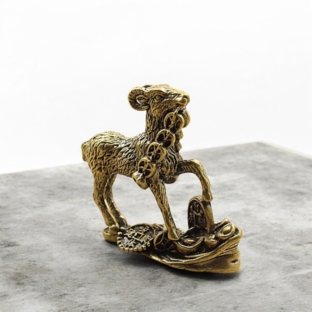 Antique Brass Biting Money Sheep Ornament - Five Emperors Coin Copper ...